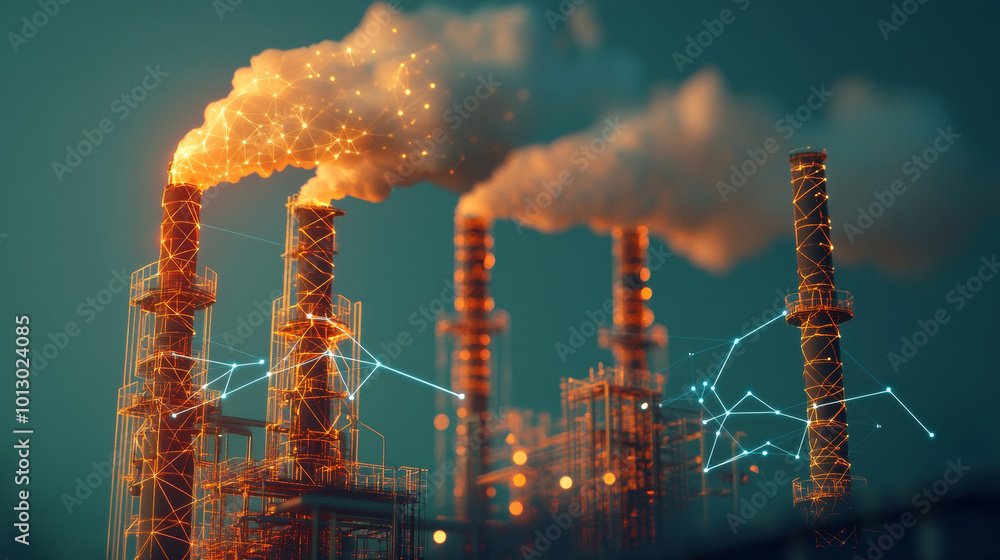 A simple, geometric image shows factory pipes releasing smoke ...