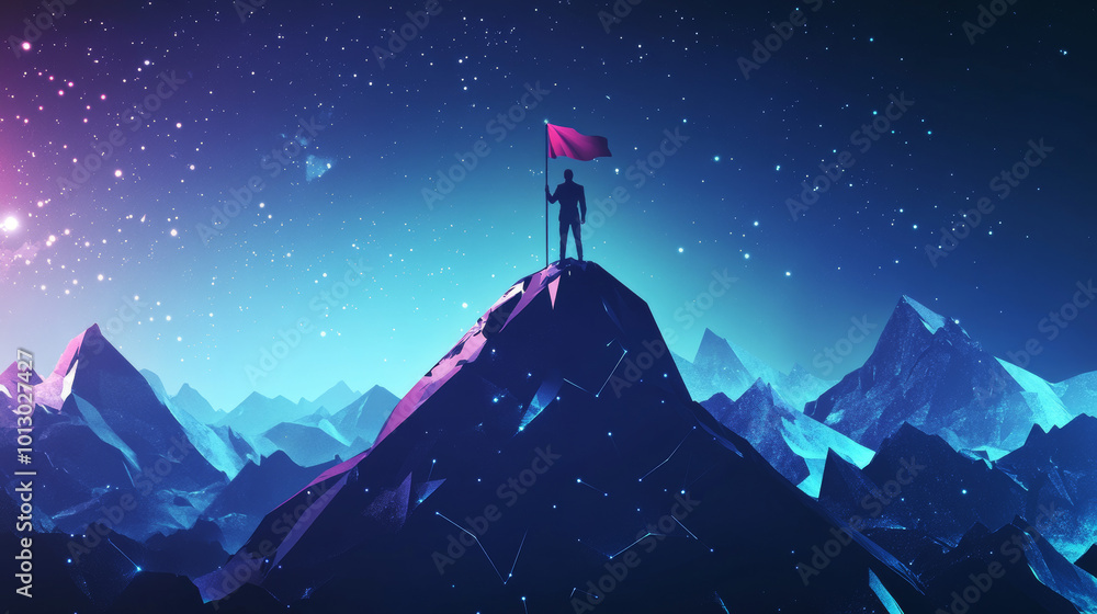 Businessman stands on top of digital mountain,holding a flag.This shows ...