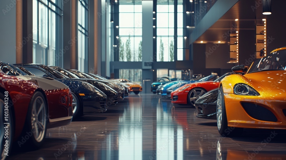 Stylish car showroom interior filled with a diverse selection of cars ...