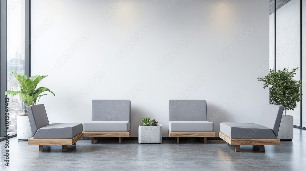 Waiting room and reception area with gray modern seating, white walls ...