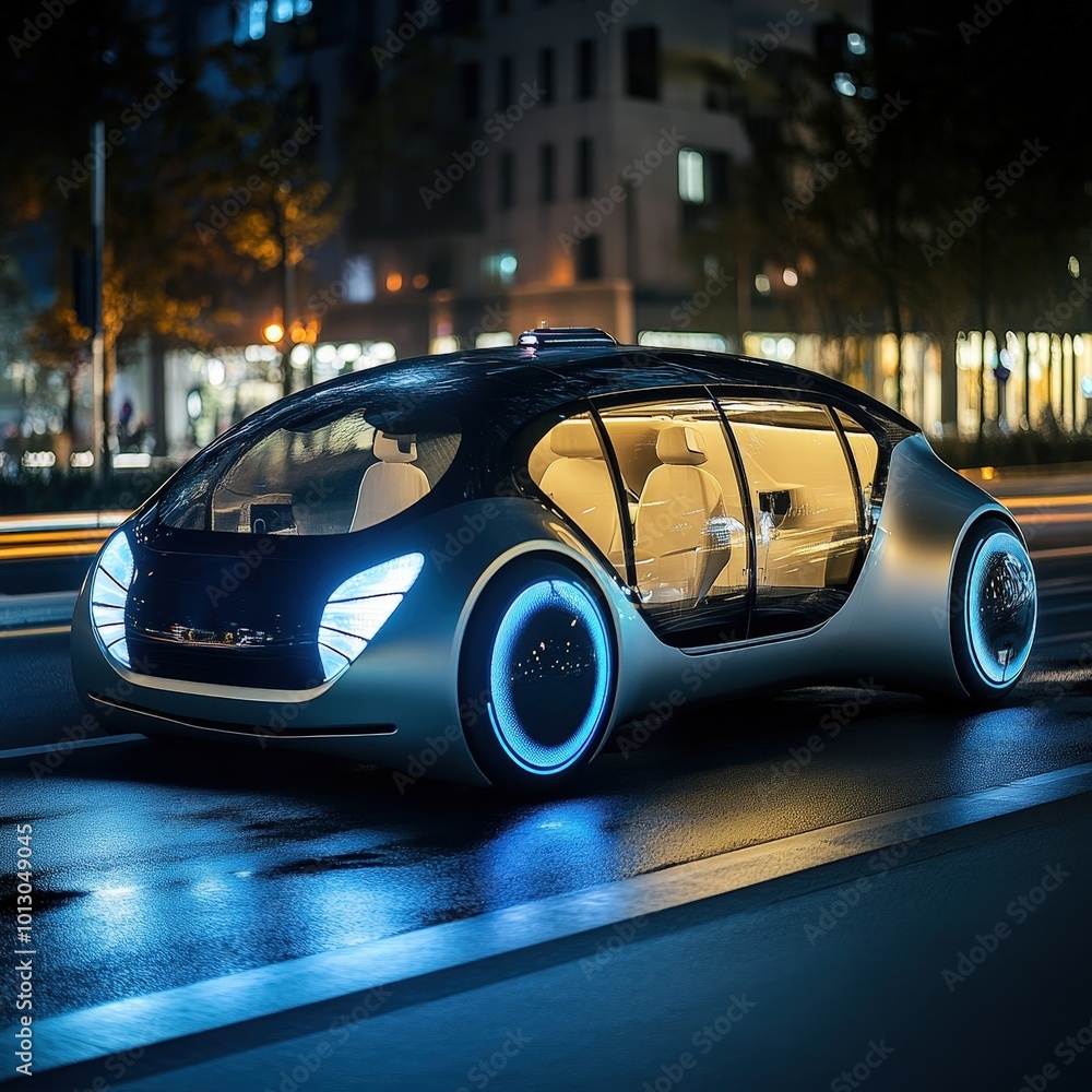 Futuristic autonomous car on a city street at night, illuminated neon ...