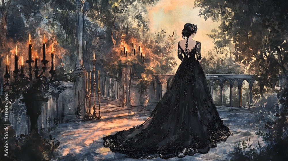 A gothic wedding scene featuring a bride in an intricate black lace ...
