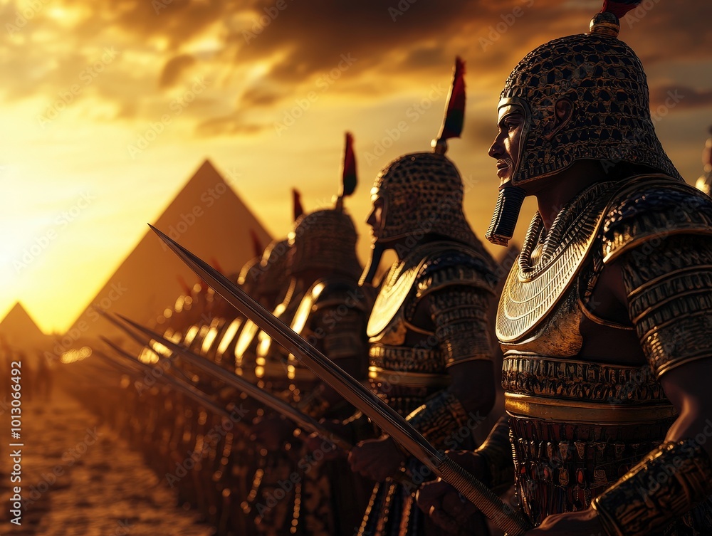 The image captures a band of ancient soldiers in formation as the sun ...