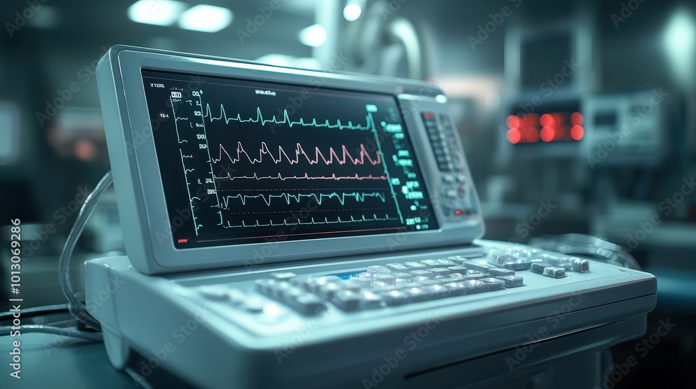 High-tech medical monitor displaying vital signs in a hospital setting ...