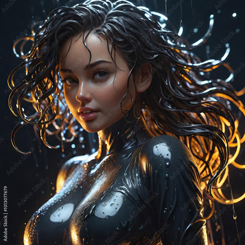 Realistic digital portrait of a woman with wet, glowing hair in a sleek ...