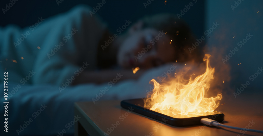 A phone on fire while charging next to a sleeping person. This image ...