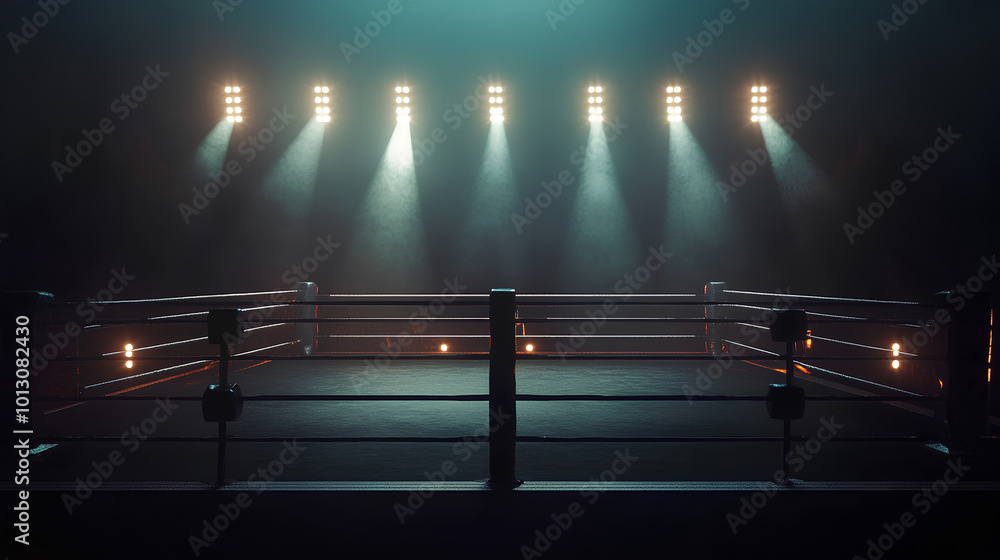 Empty professional boxing ring in the dark, illuminated spotlight ...