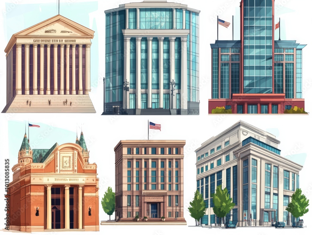 2408 54.A collection of city building facades, including a grand ...