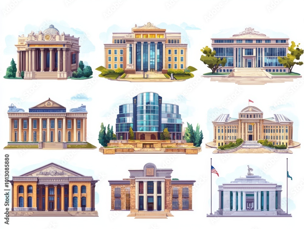2408 54.A collection of city building facades, including a grand ...