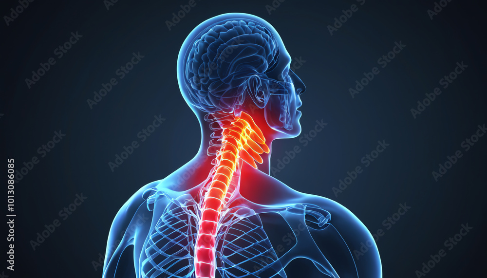 3D rendered illustration of a human body anatomy, showcasing the spine ...