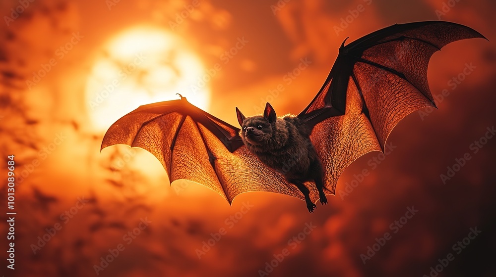 bat flying close to the camera, its wings spread wide against a blood ...
