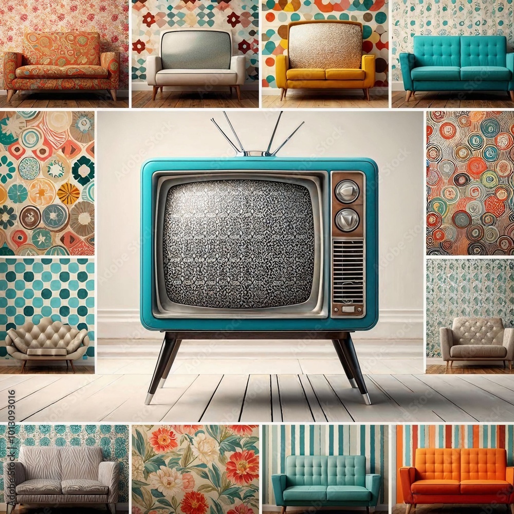 retro illustration - old tv in the center, with retro design of sofas ...