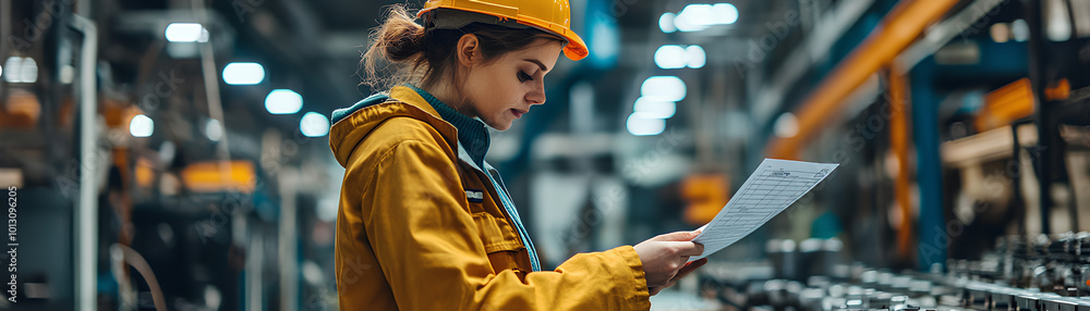 Engineer holding a checklist and marking products on an assembly line ...