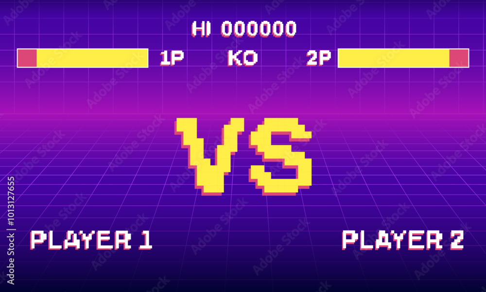 Fight retro game interface in blue style with yellow vs icon in pixel ...