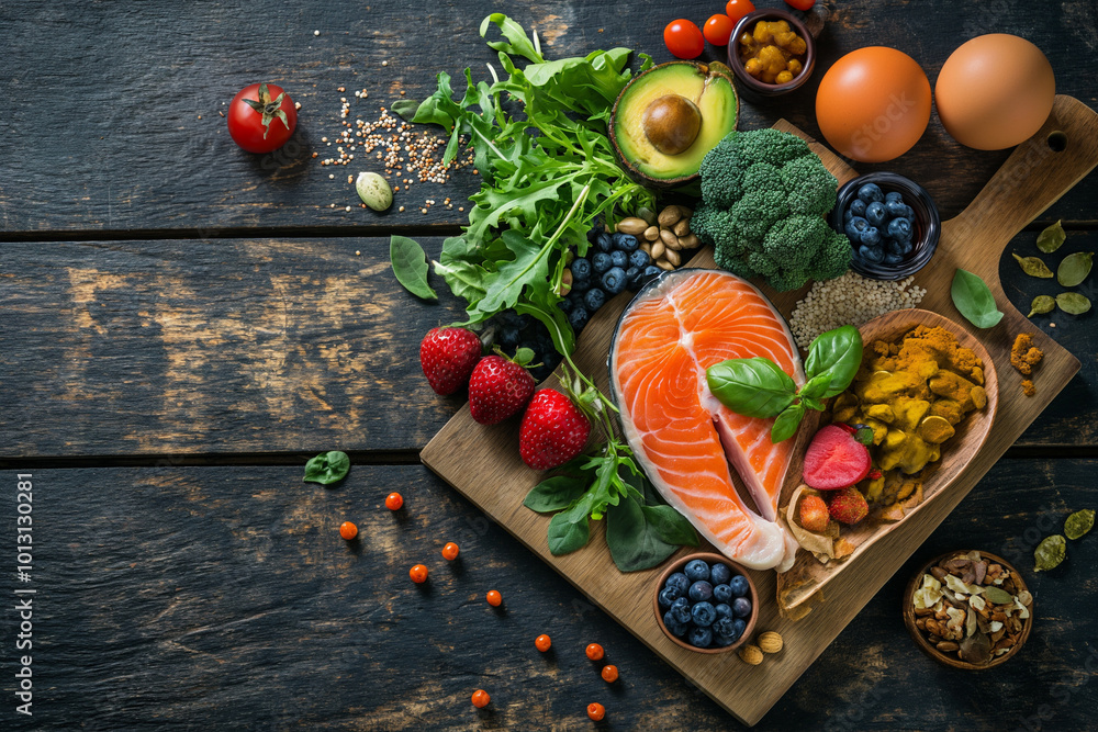 Protein and fats. chiken Fillet, Egg and Salmon Fish, Fruit, Vegetablea ...