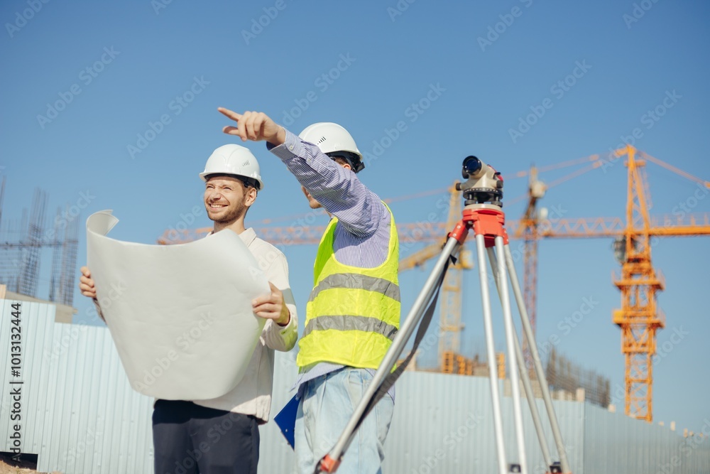 Team of building experts working with drawings with Surveyor level at ...
