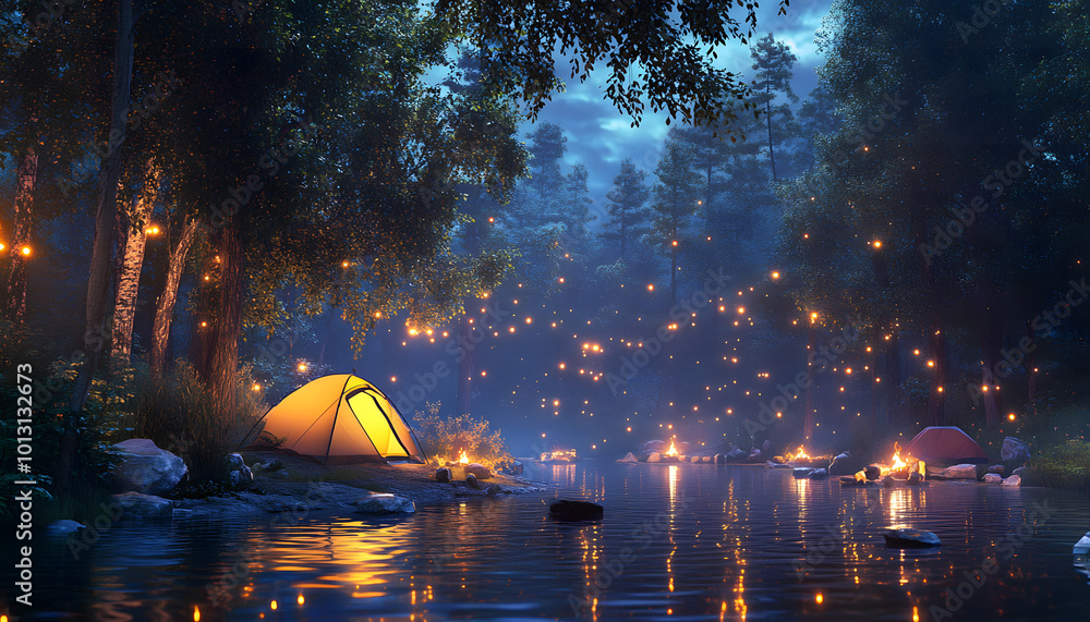 Bird's-eye View Cozy Night Camping Scene with Tent, Lakeside Campfire ...