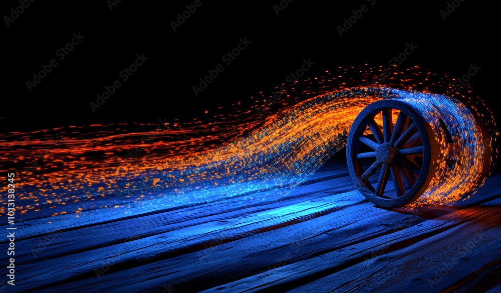 3D render of an old design, wooden cartwheel evolving into a high-tech ...