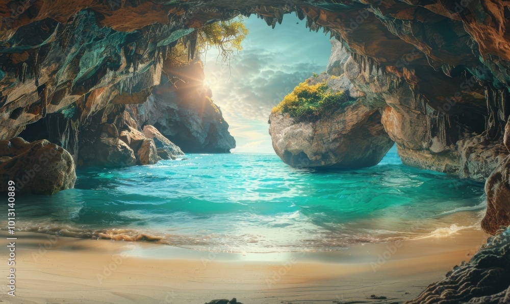 Mysterious island cove with a hidden cave entrance, surrounded by ...