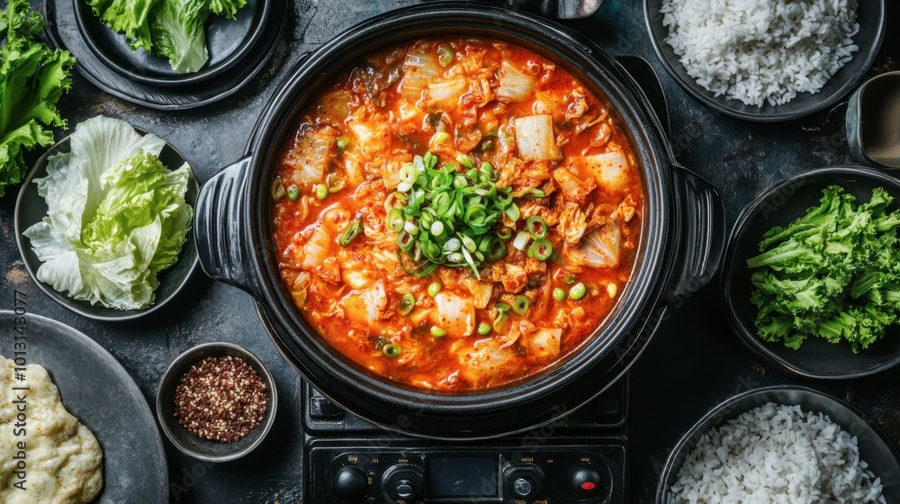 A traditional Korean pot filled with kimchi jjigae (kimchi stew ...