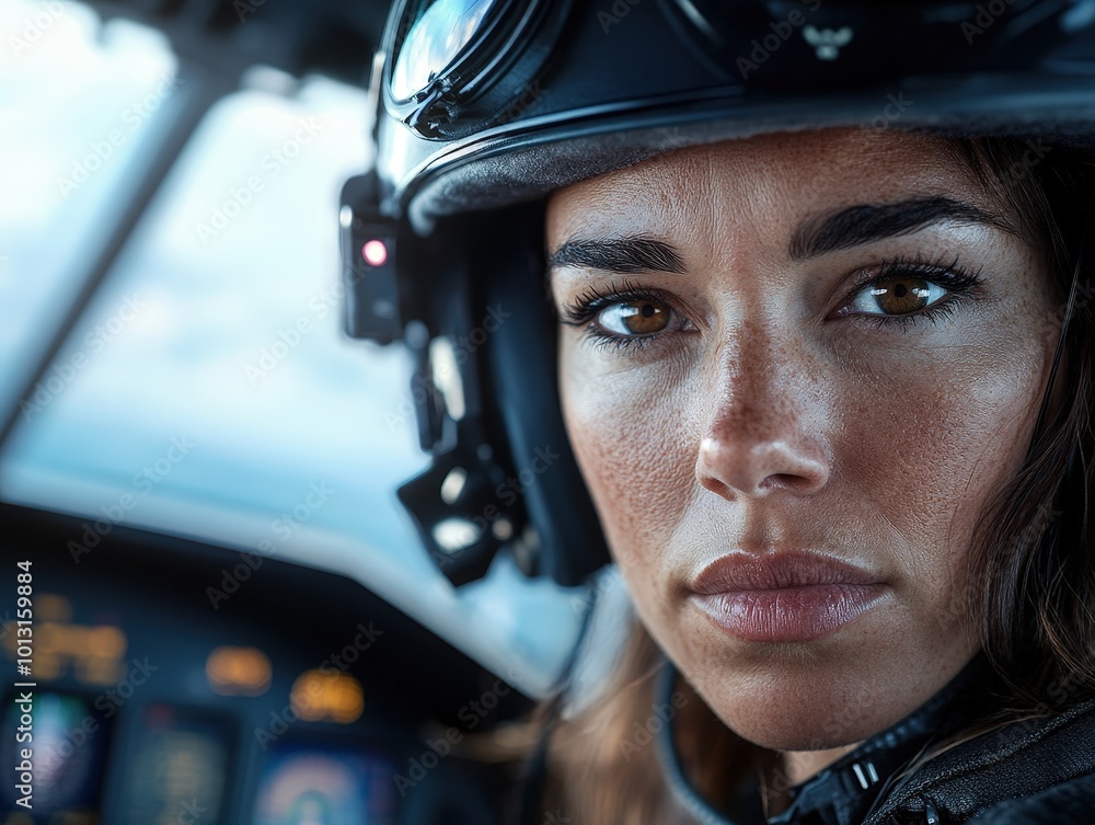 A female pilot sits in the cockpit, projecting a determined gaze at the ...