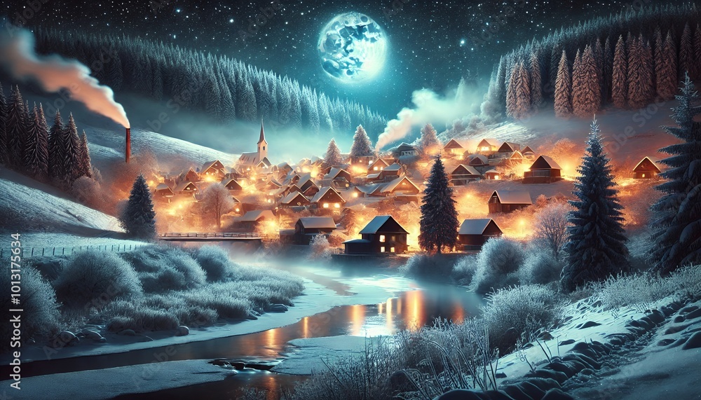 Mystical Winter Village: Snow-Dusted Hills and a Frozen River ...