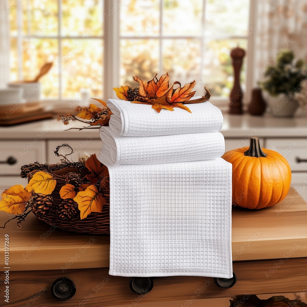 Stack of white tea towels and one hanging towel, blank template ...