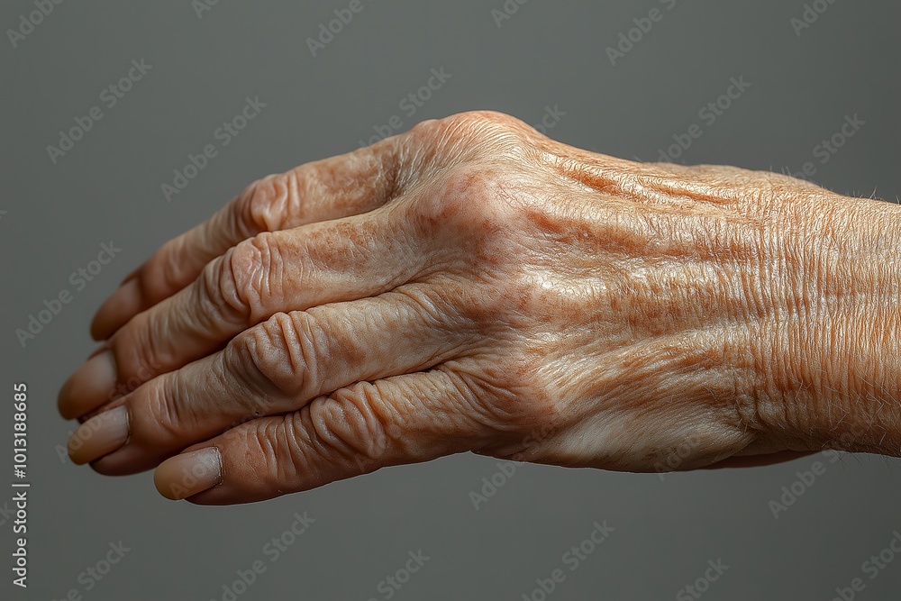 A close-up view of atopic dermatitis affecting the hand of an elderly ...