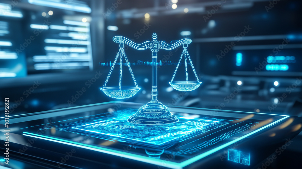 AI-driven justice system with holographic scales of justice in a ...