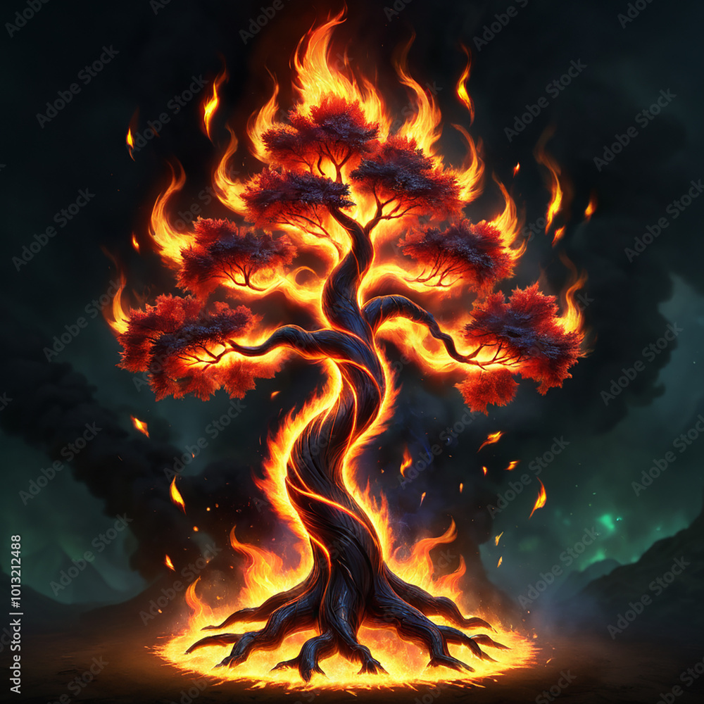Burning tree with fire flames in dark fantasy style, concept of rebirth ...
