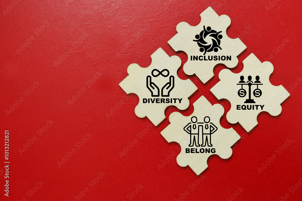 wooden puzzle with the words and icons of Diversity, Equity, Inclusion ...