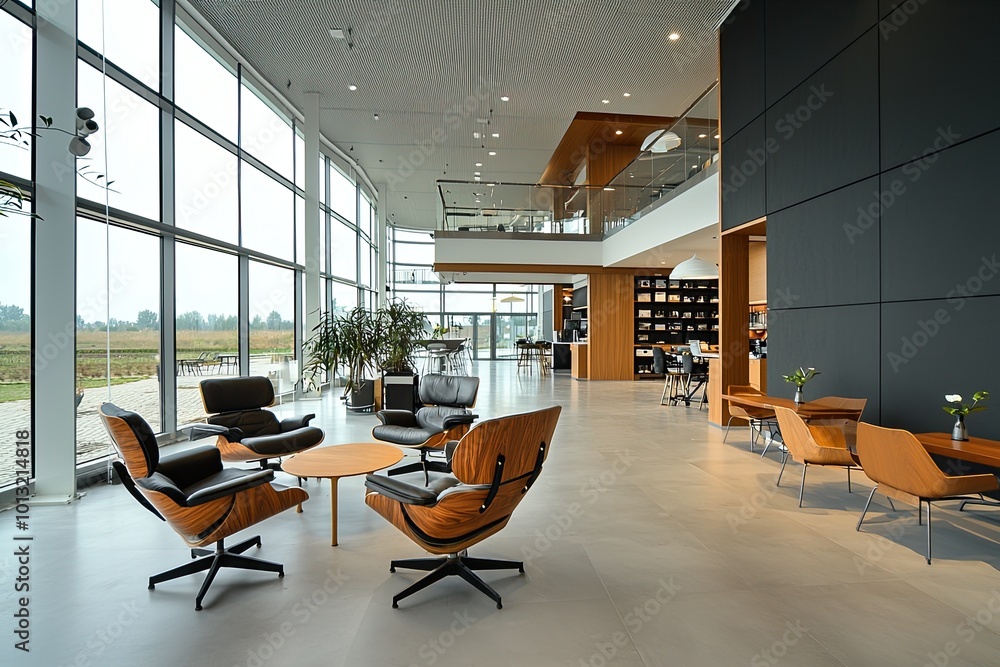 modern office interior design with an open space and a wooden desk, a ...