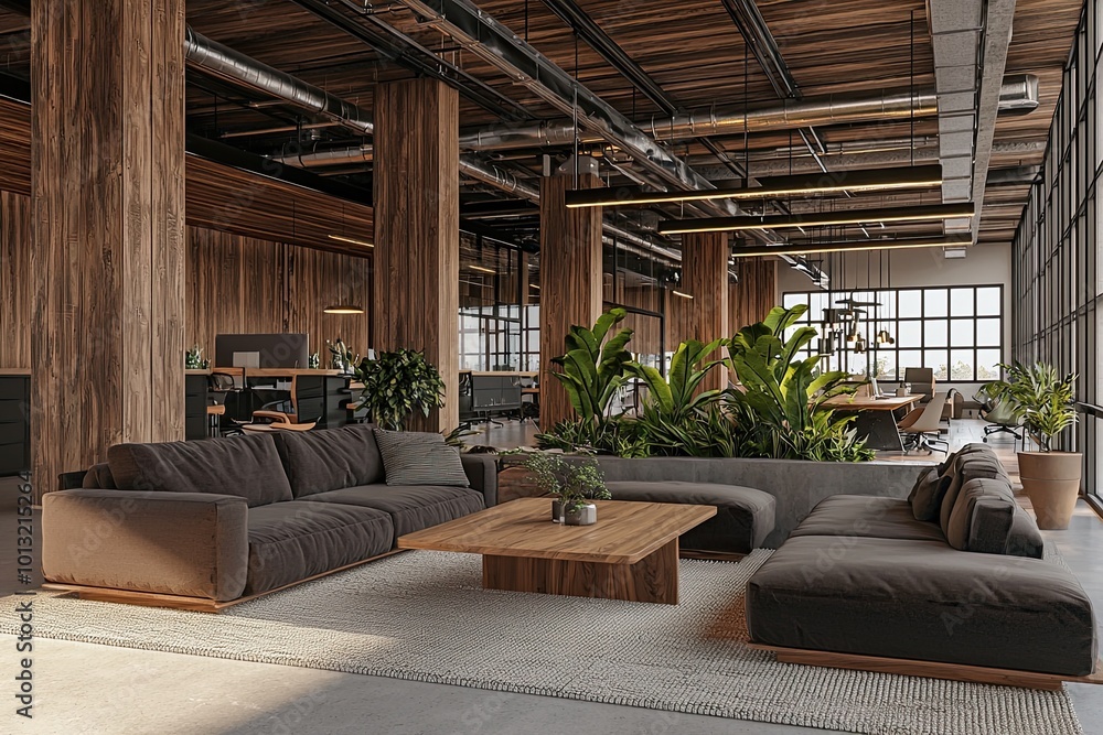 modern office interior design with an open space and a wooden desk, a ...