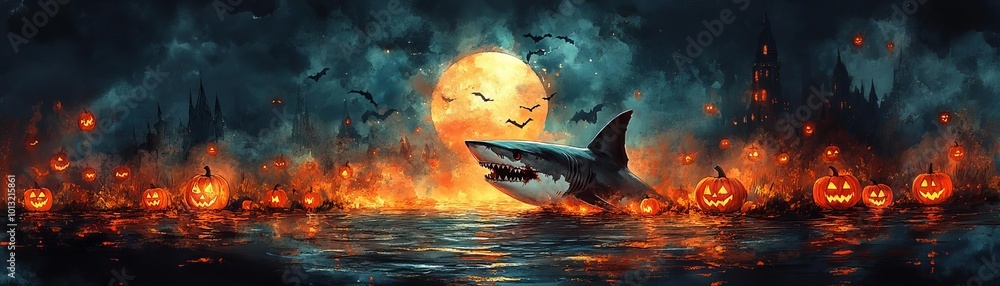 A sinister shark fin glowing under the eerie light of the moon, with ...