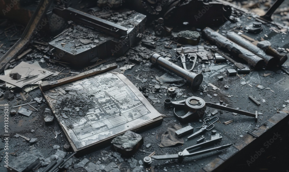 Forgotten tools and scattered blueprints lie amidst the debris of the ...