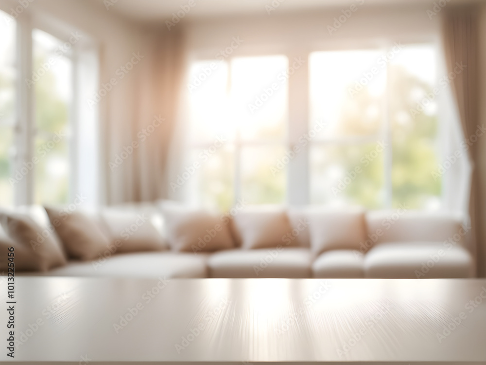 Blur living room at home with morning sunlight at big window for ...