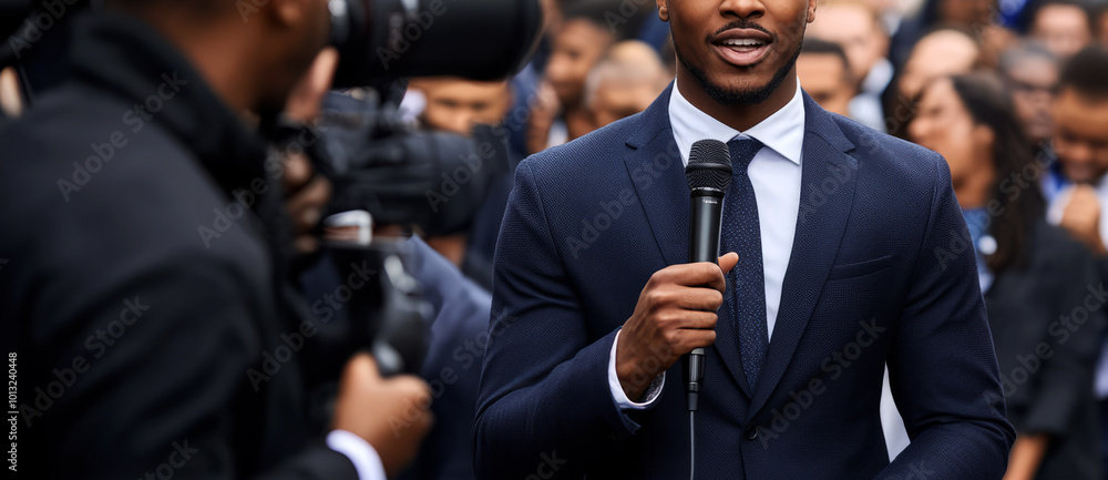 journalist holding a microphone, conducting an interview in front of a ...