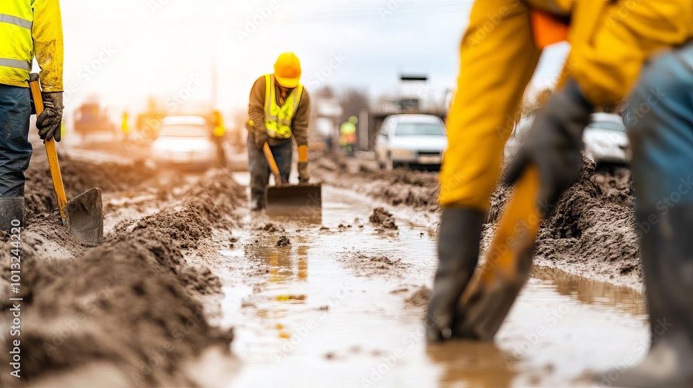Construction workers rebuilding roads washed out by floods, Flood ...