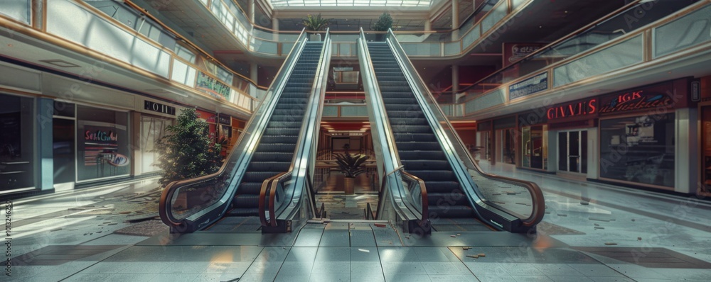 Empty shopping mall with broken escalators and empty storefronts, 4K ...