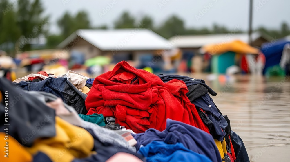 People drying out clothes and belongings in temporary shelters, Flood ...