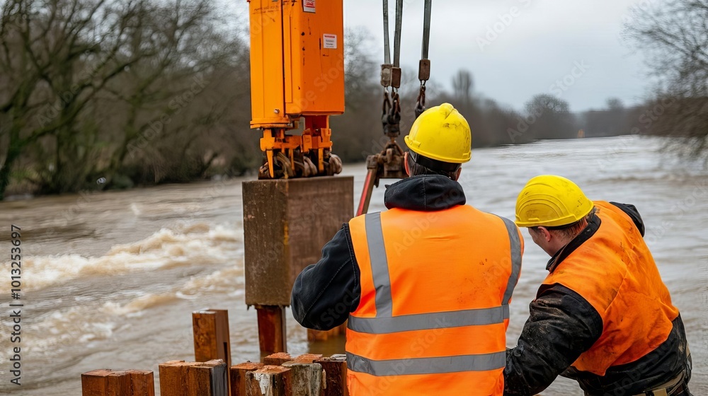 Workers installing new flood warning systems on a riverbank post ...