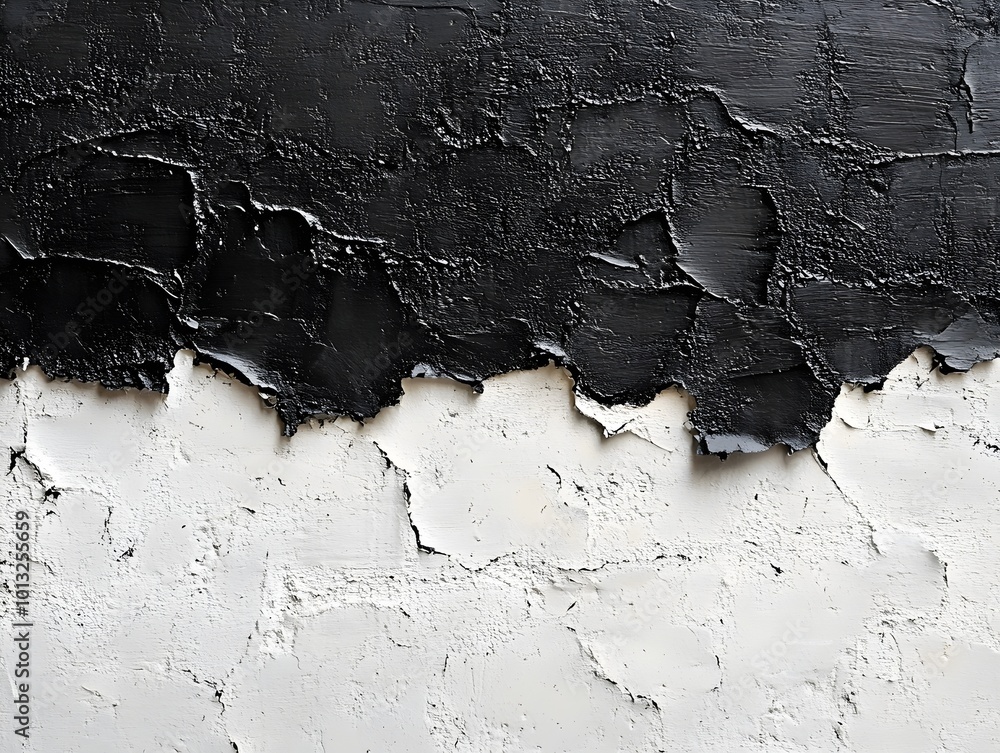 Abstract black and white textured wall with a sharp, uneven line separating the colors. Stock ...