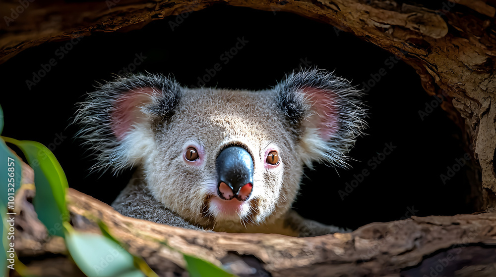 Koala peeking out from tree hollow, showcasing its distinctive features ...