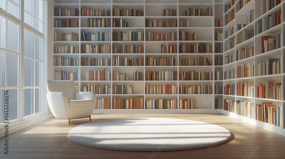 Wide shot of a minimalist home library with white bookshelves, a single ...