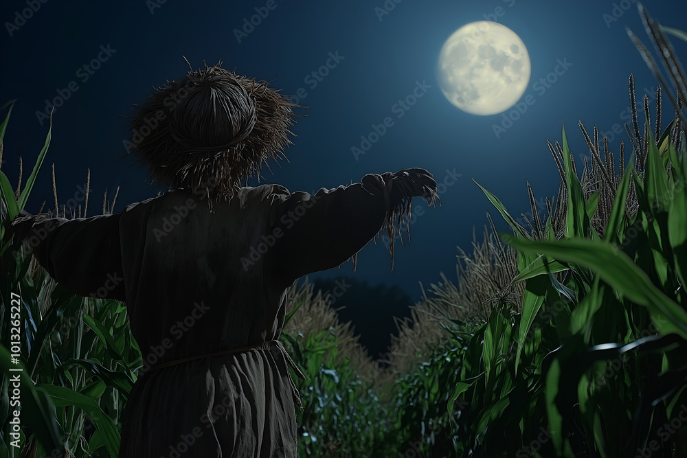 Halloween theme of a scarecrow in a cornfield under the full moon. A ...