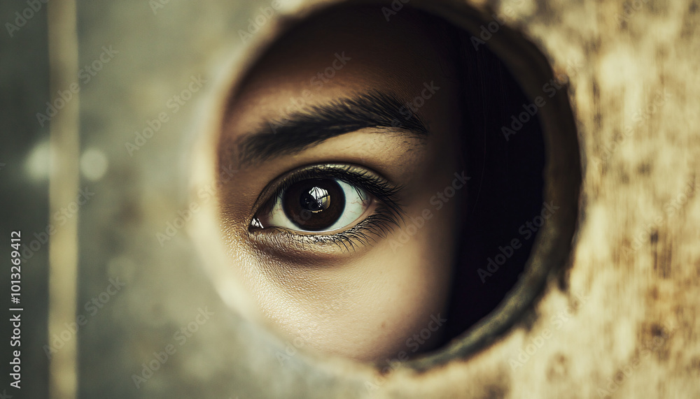 Position the camera to shoot through a large keyhole, where the person ...