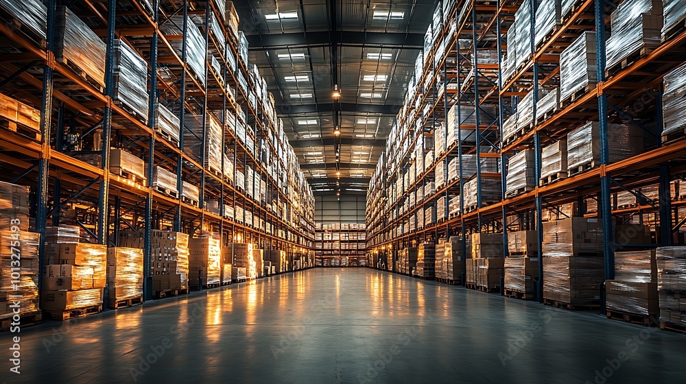 A wide shot of a massive warehouse with towering shelves stacked high ...