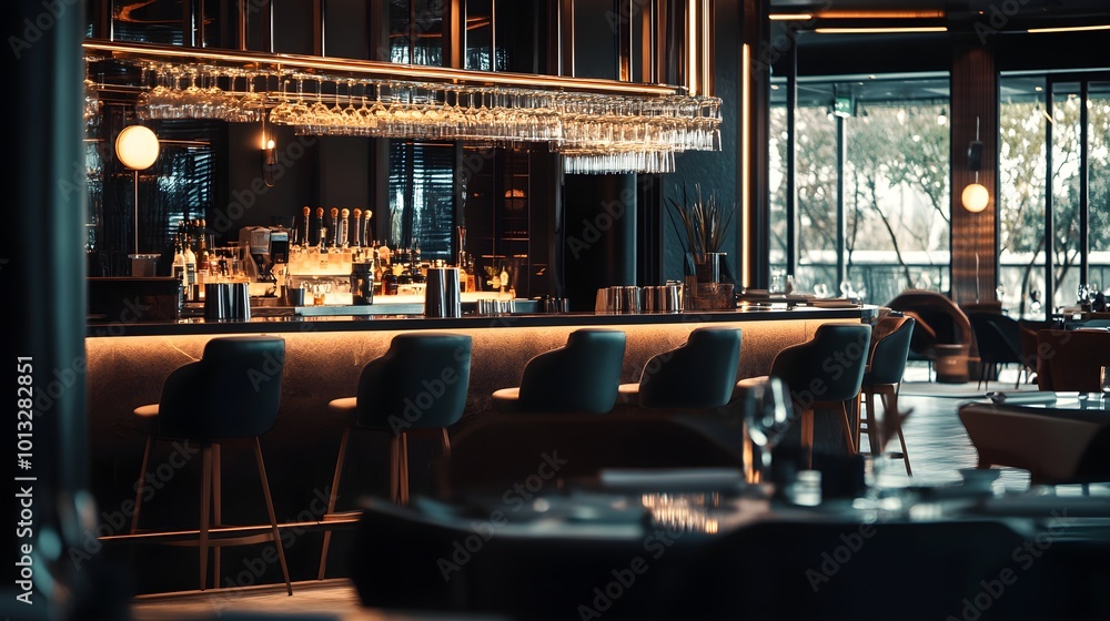 A cozy interior of a modern restaurant featuring a stylish bar with ...