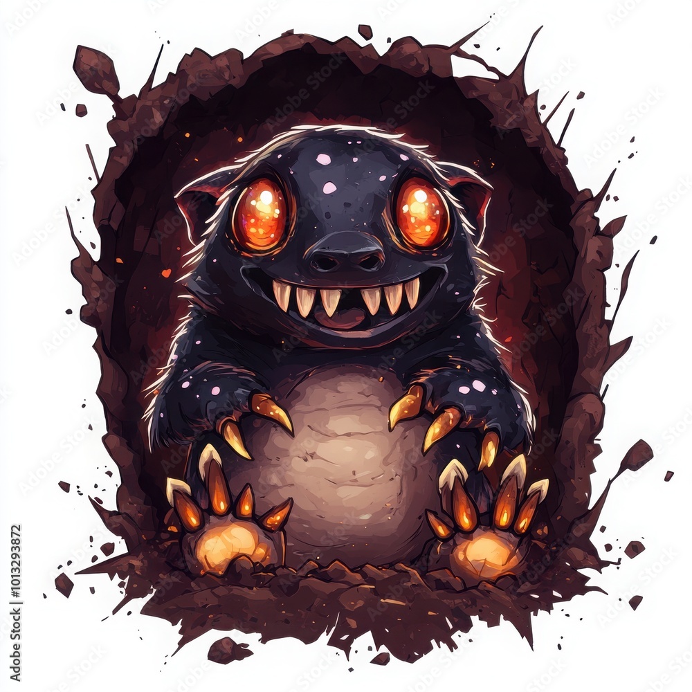 Create a playful chibi mole with an oversized head, glowing eyes, and ...