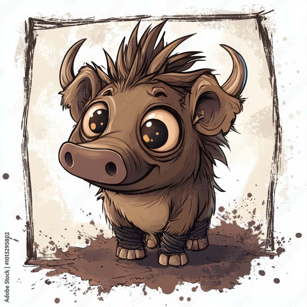 Generate a chibi-style warthog with a large head, tiny tusks, and ...